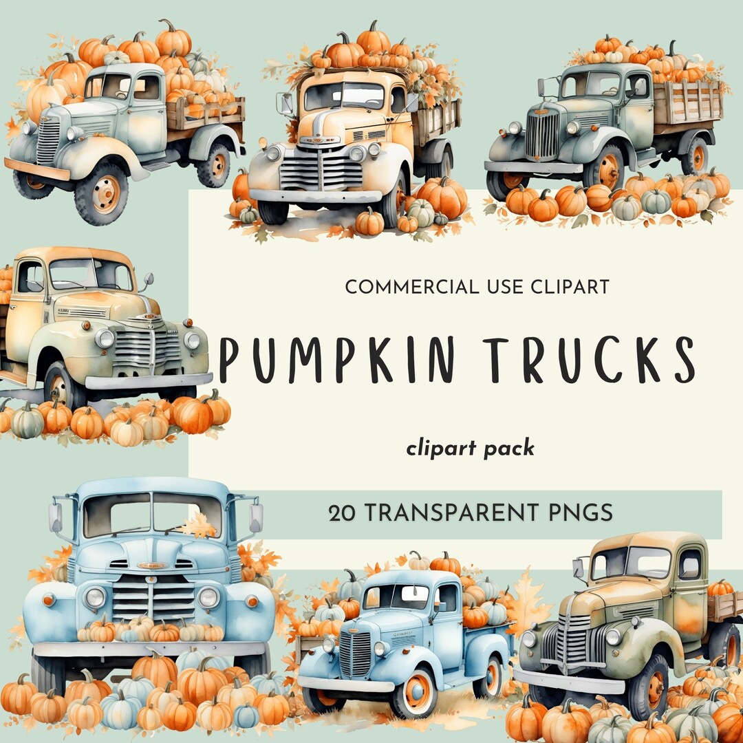 Pumpkin Truck Clipart Pack Harvest Lorry Digital Art Vintage PNG ...