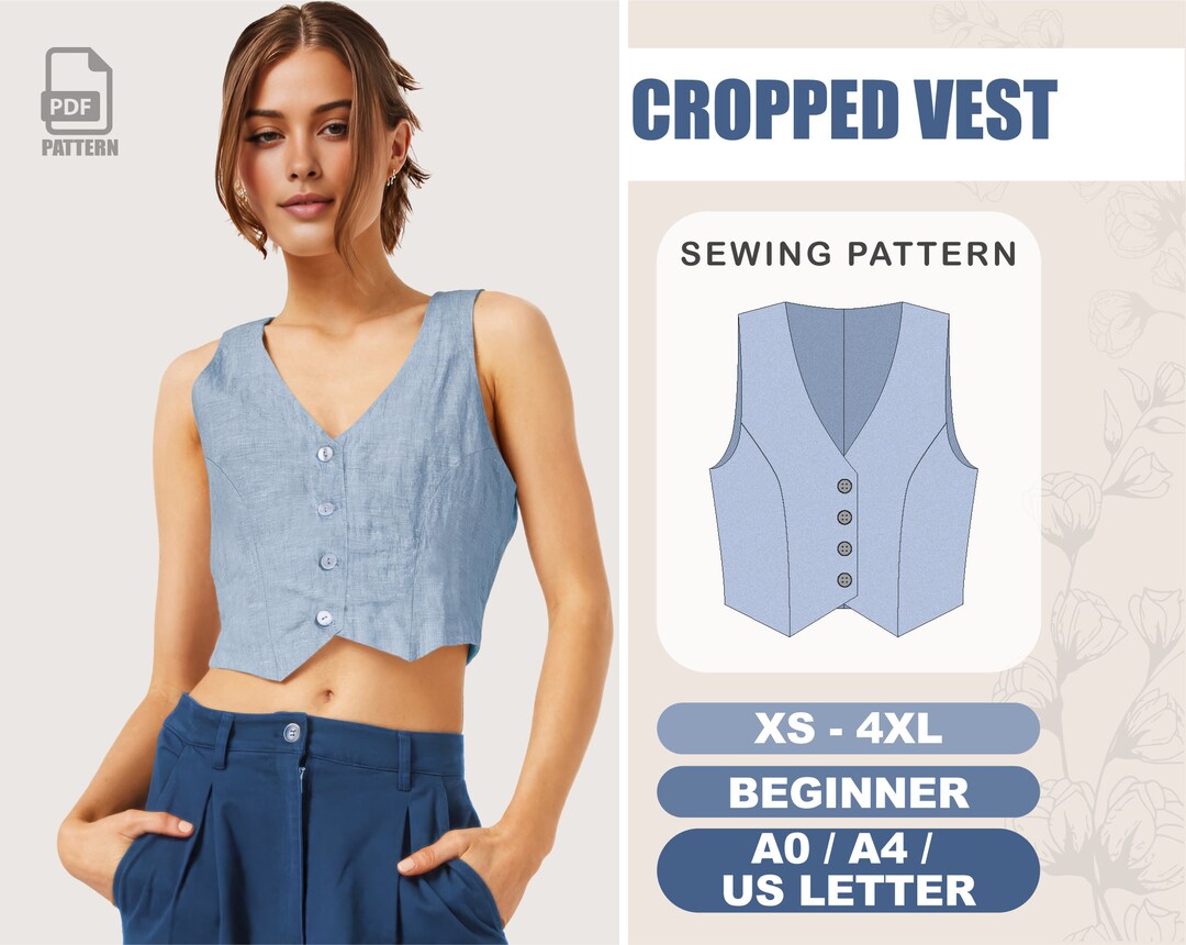Vest Pattern, Women Vest Sewing Pattern, Crop Vest Beginner Pattern XS ...