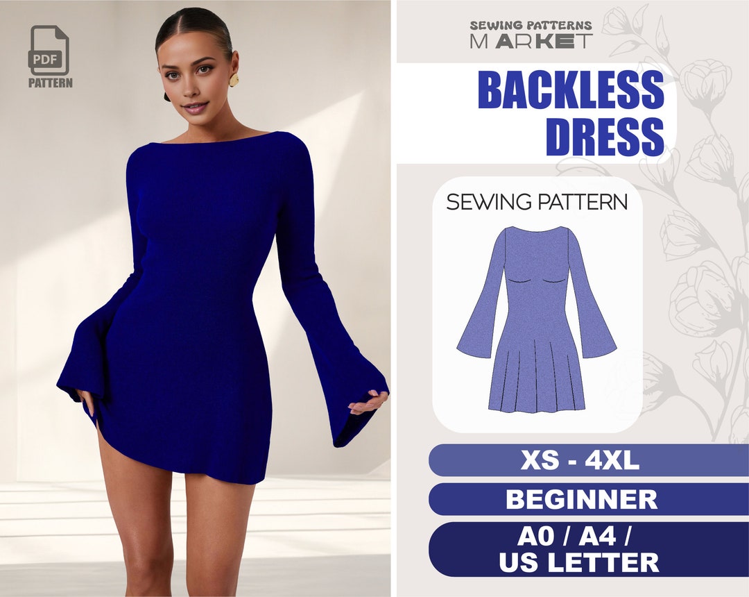 Backless Dress Pattern Beginner, Cutout Back Dress Sewing Pattern, Long ...