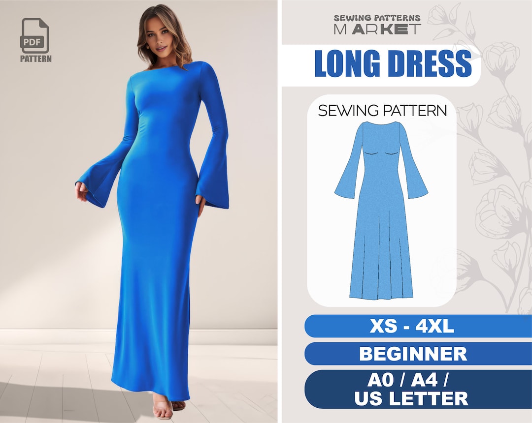Long Dress Sewing Pattern, Evening Dress Pattern, Women Beginner ...