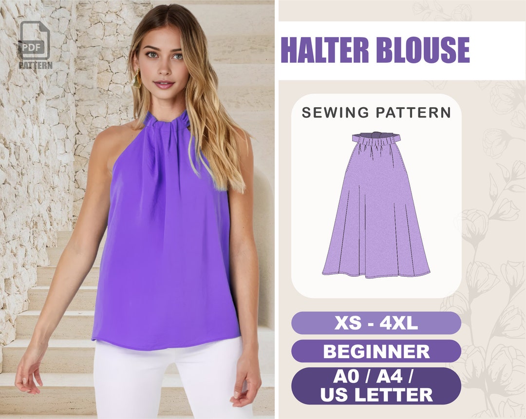 Halter Top Sewing Pattern, Summer Blouse Beginner Pattern, Women ...