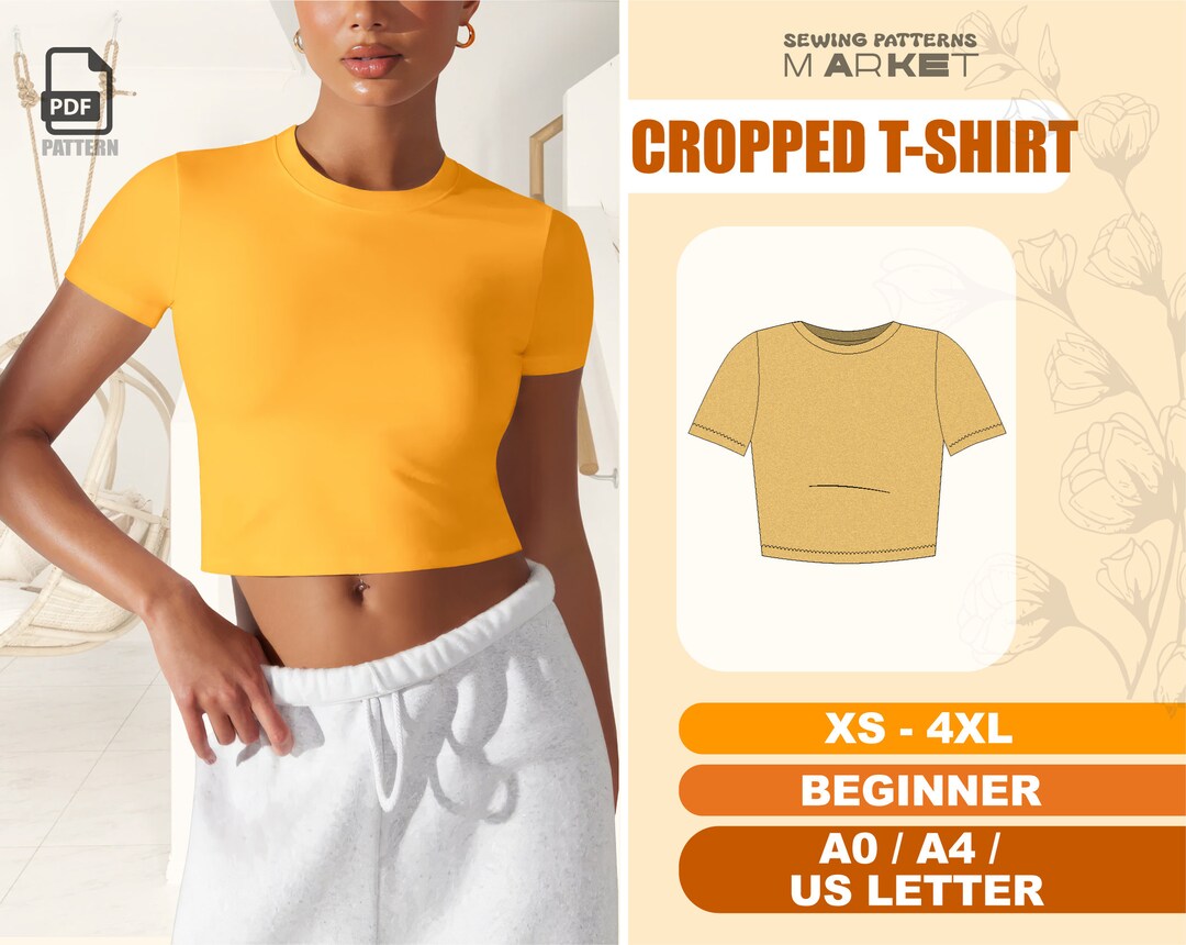 Cropped Top Pattern Beginner Crop T-shirt Sewing Pattern, XS 4XL, Women ...