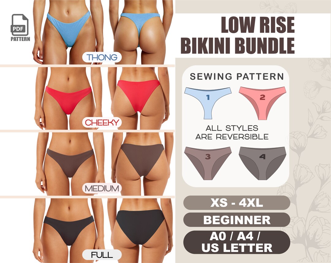 Bikini Pattern for Beginners, Low Rise Bikini Sewing Pattern Bundle, XS ...