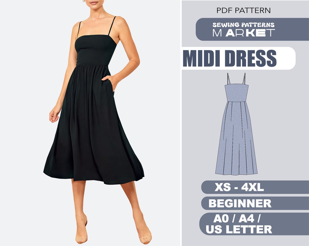 Dress Pattern for Beginners, Midi Dress XS-4XL, Formal Dress, Skater ...