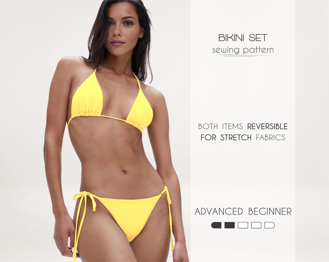 Bikini Set Pattern, Swimsuit Sewing Pattern, Triangle Bikini Top, Side Tie Bikini Bottom Pattern ...
