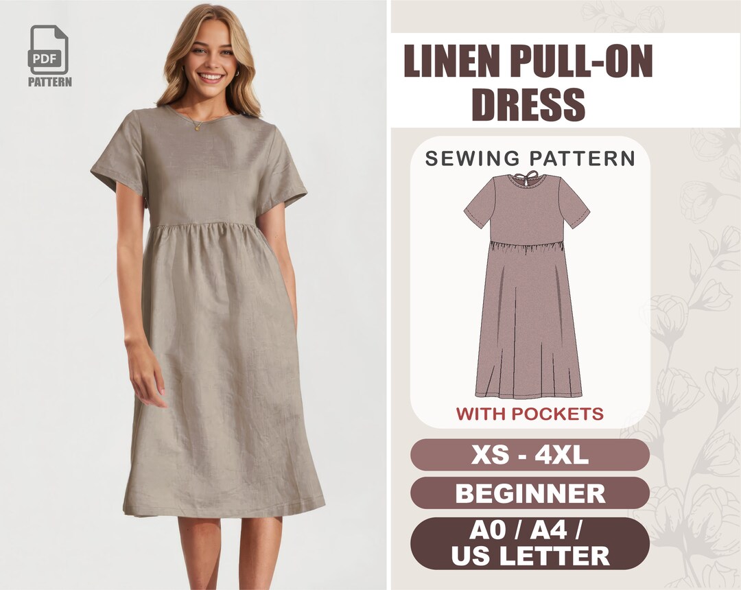 Linen Dress Sewing Pattern, Midi Dress Beginner Pattern, Simple Dress ...