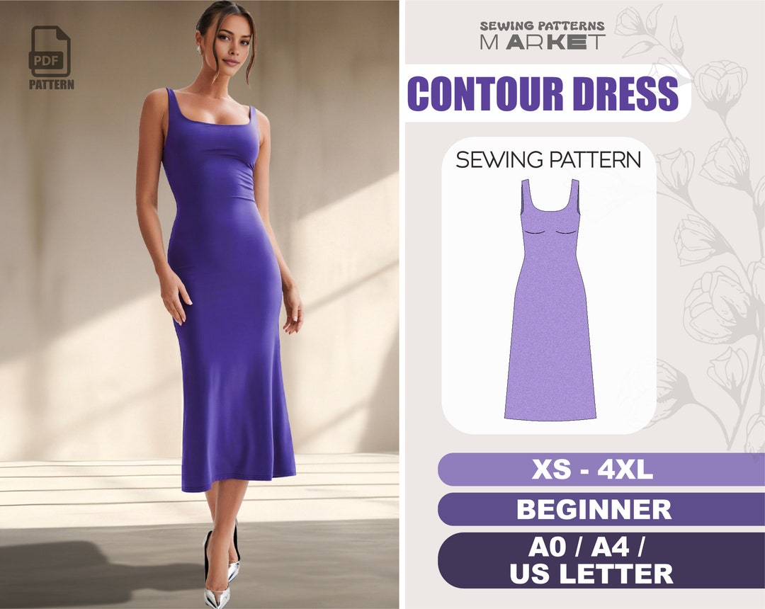 Midi Dress Sewing Pattern Beginner Level, Fitted Bodycon Dress Pattern ...