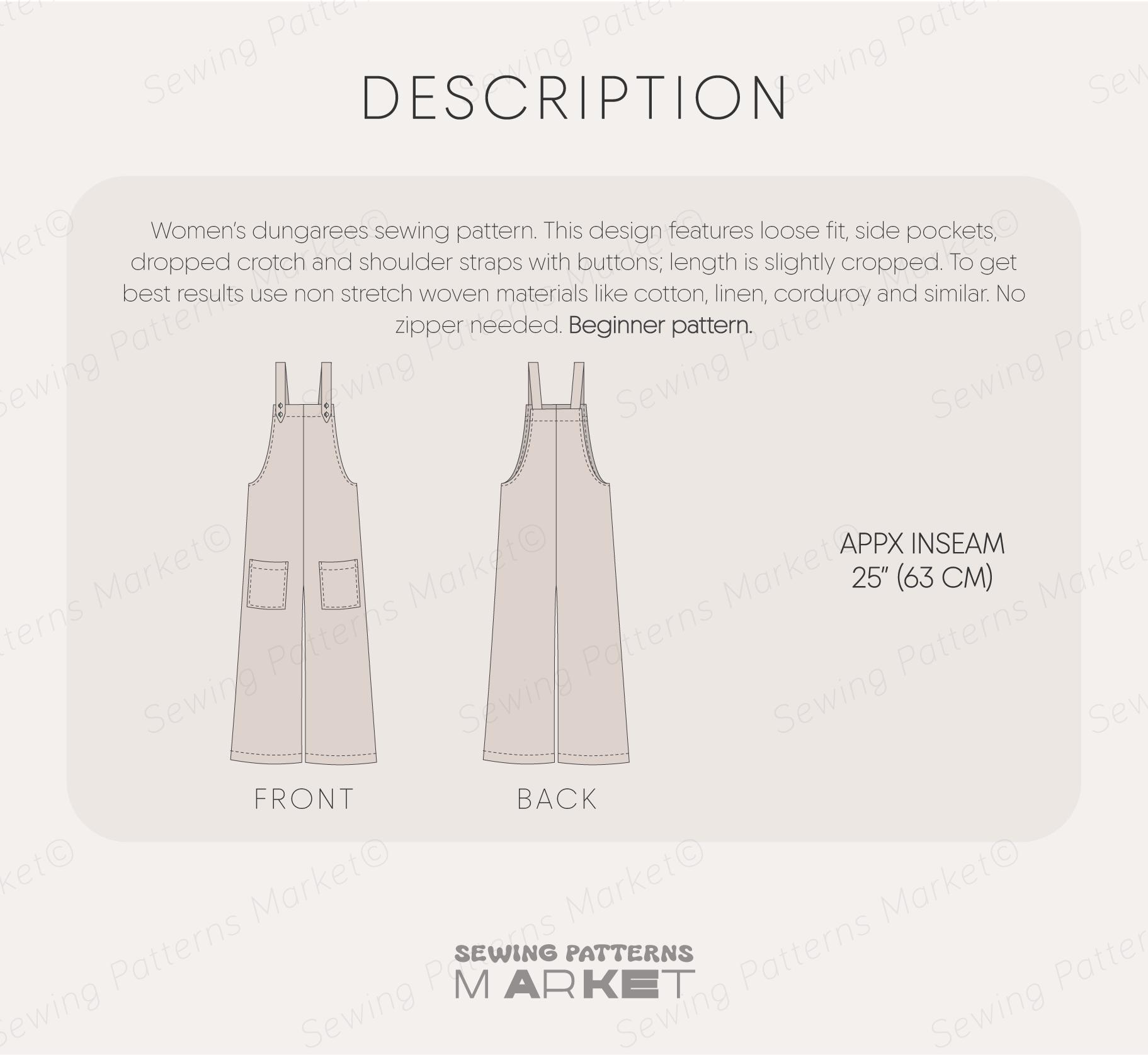 Overalls Sewing Pattern for Women Dungarees Pattern, Jumpsuit Pattern ...