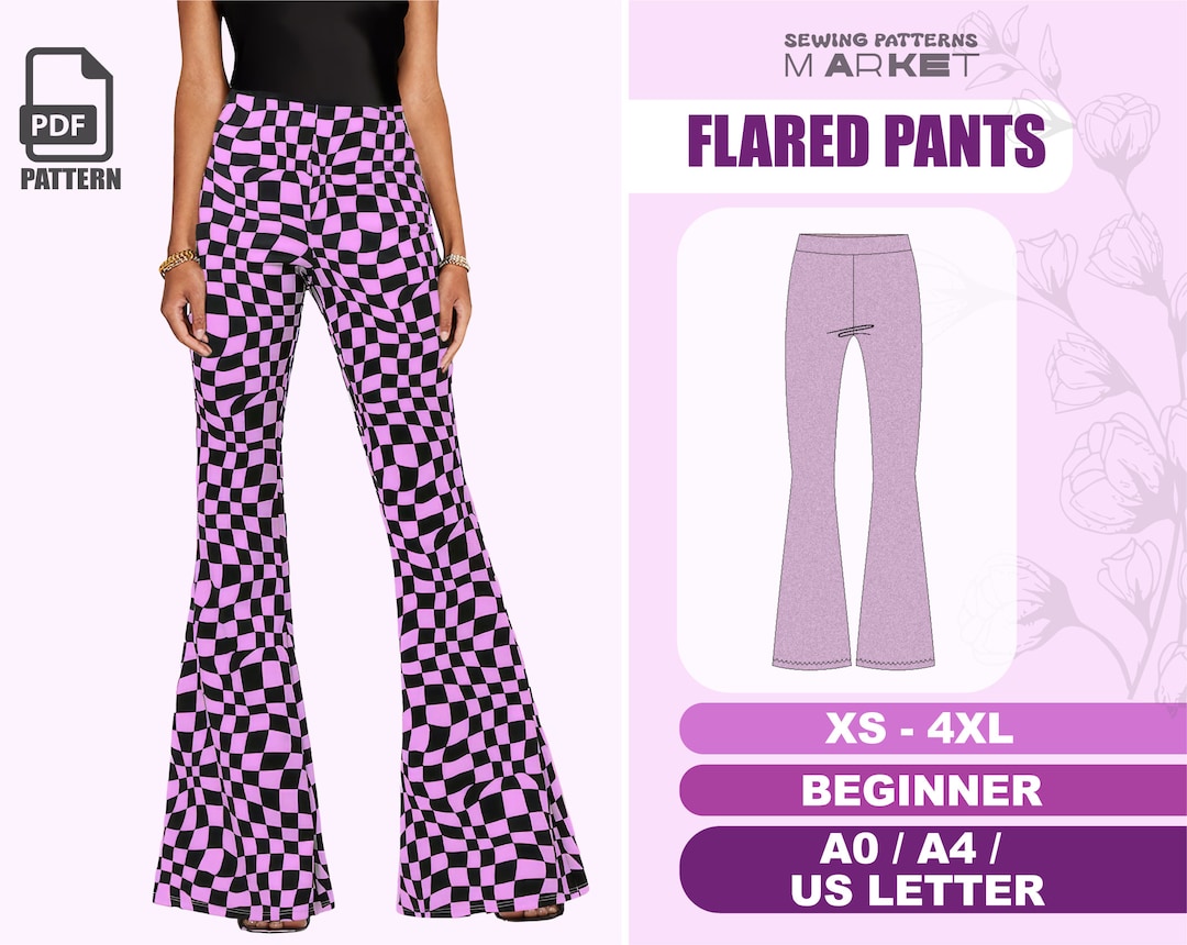 Flared Pants Sewing Pattern Beginner Level, Size XS 4XL, Digital Sewing ...