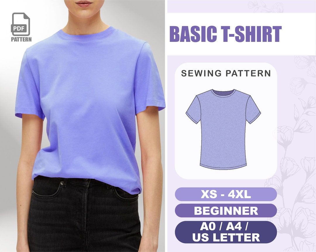 Women T-shirt Sewing Pattern XS 4XL, Simple Basic T-shirt Pattern, Plus ...