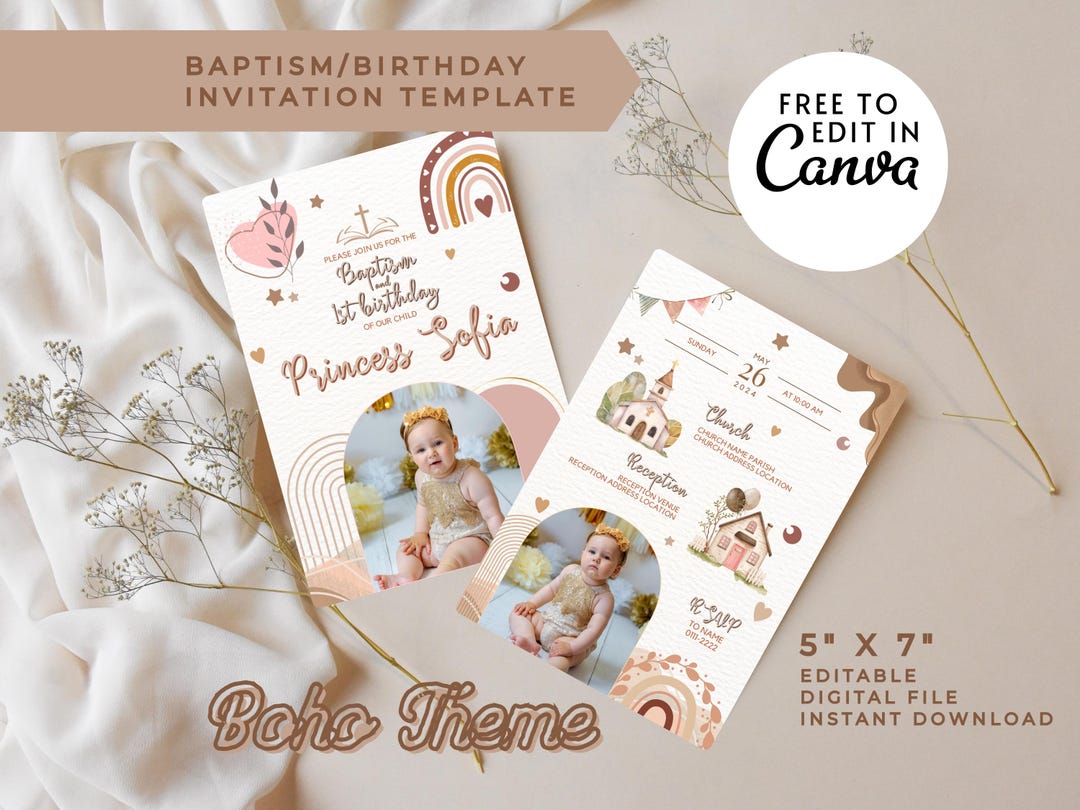 Boho Rainbow Editable Baptism Birthday Invitation | Christening Invite ...