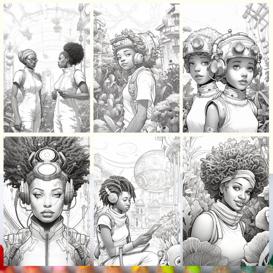 16 Coloring Printable Pages Black Women Afrofuturism, Solarpunk ...