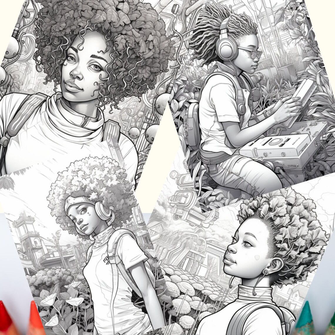 16 Coloring Printable Pages Black Women Afrofuturism, Solarpunk ...