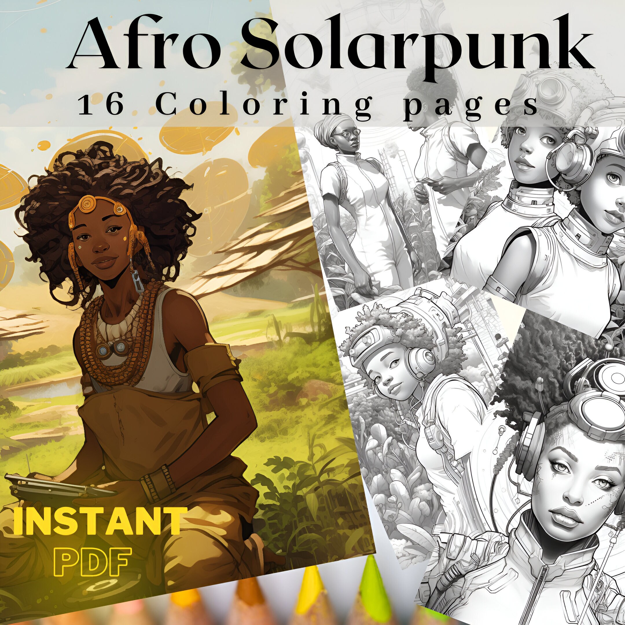 16 Coloring Printable Pages Black Women Afrofuturism, Solarpunk, Ecological Utupia. - Etsy