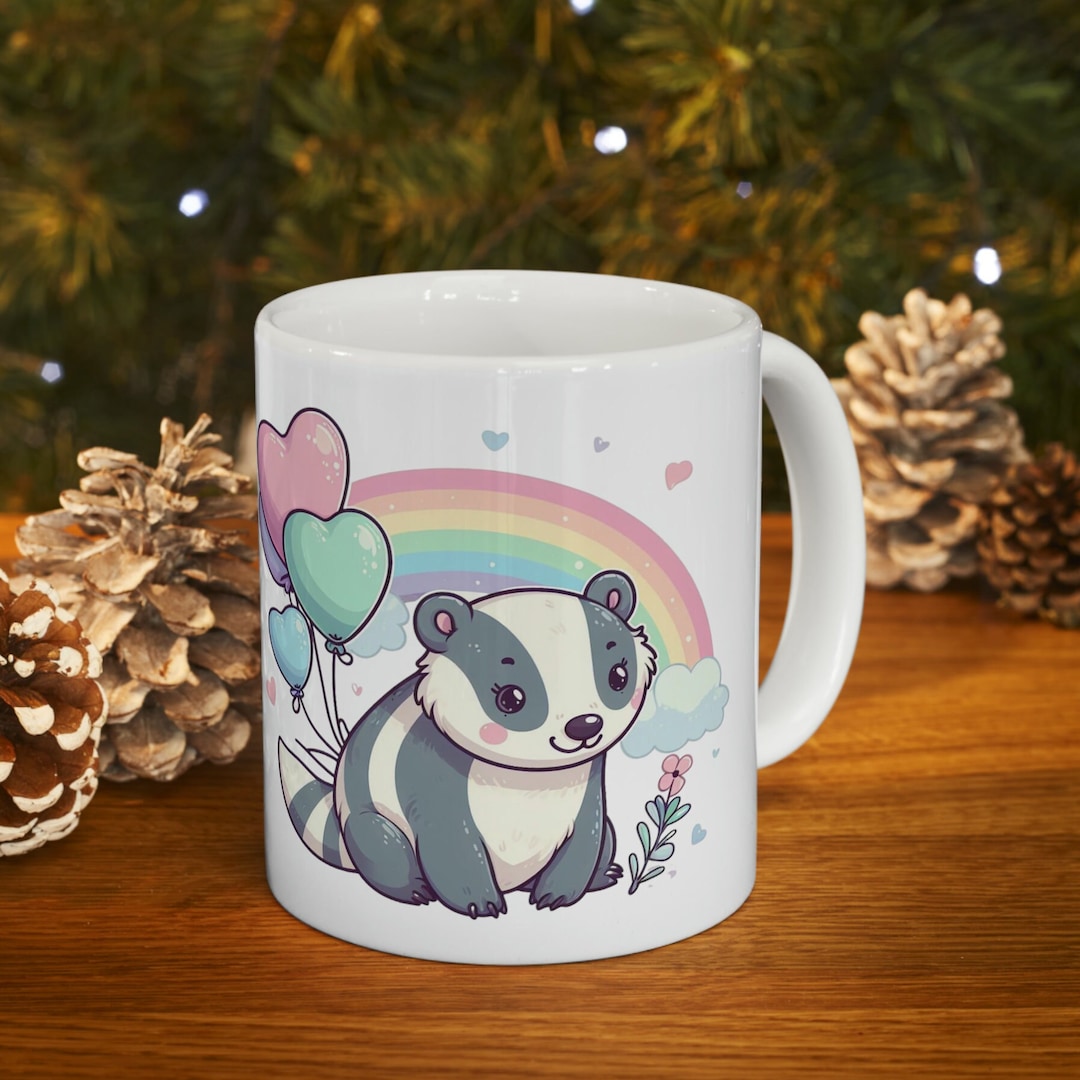 Happy Badger With Lucky Rainbow & Heart Balloons Ceramic Mug 11oz - Etsy