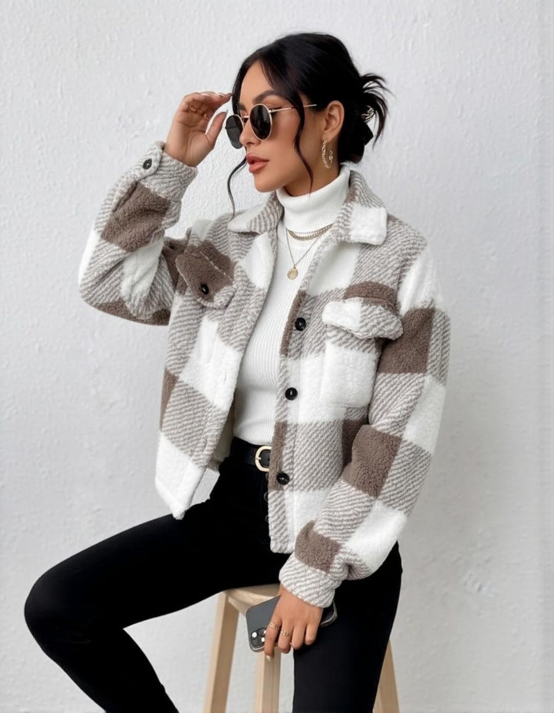 Plaid Sherpa Shacket, Black & White Cozy Teddy Fleece Jacket for Women ...
