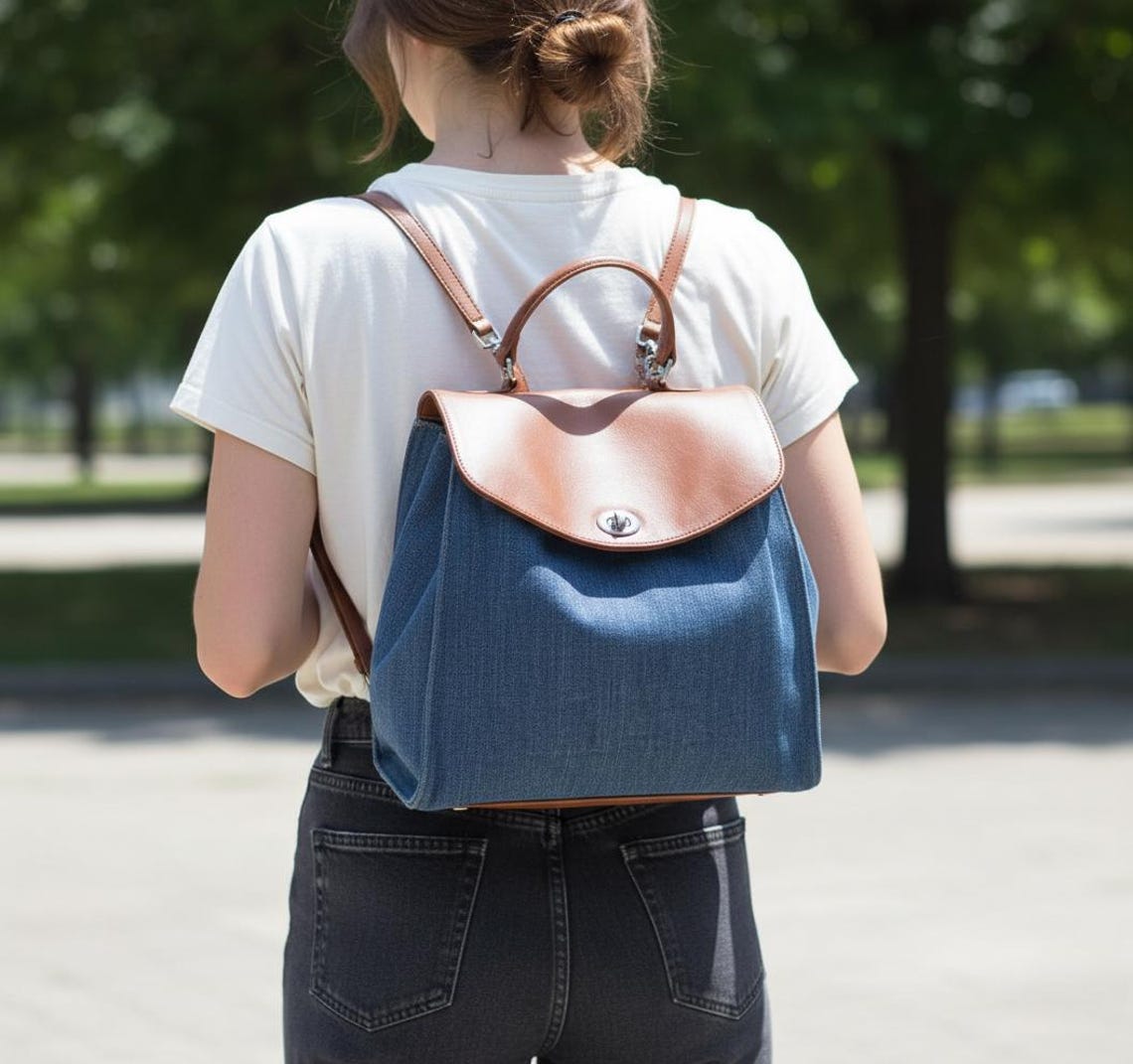 Denim Backpack With Leather Straps, Cowhide Handle Flap Rucksack ...