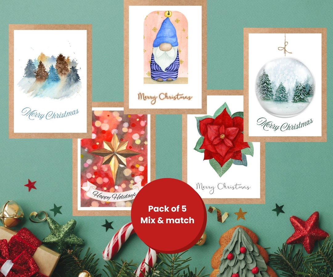 Pack of 5 Christmas Cards, Mix and Match A6 Unique Original Watercolour ...
