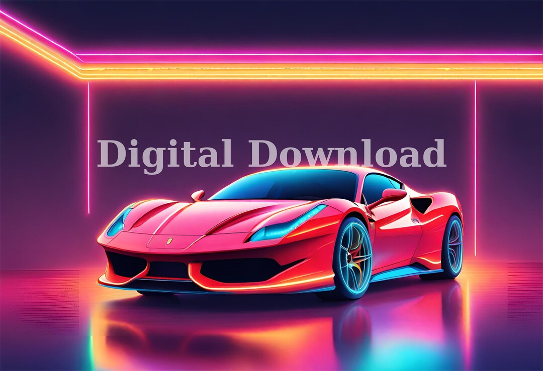 Neon Ferrari Inspired Wall Art, PNG Car Clip Art, Sublimation Digital ...