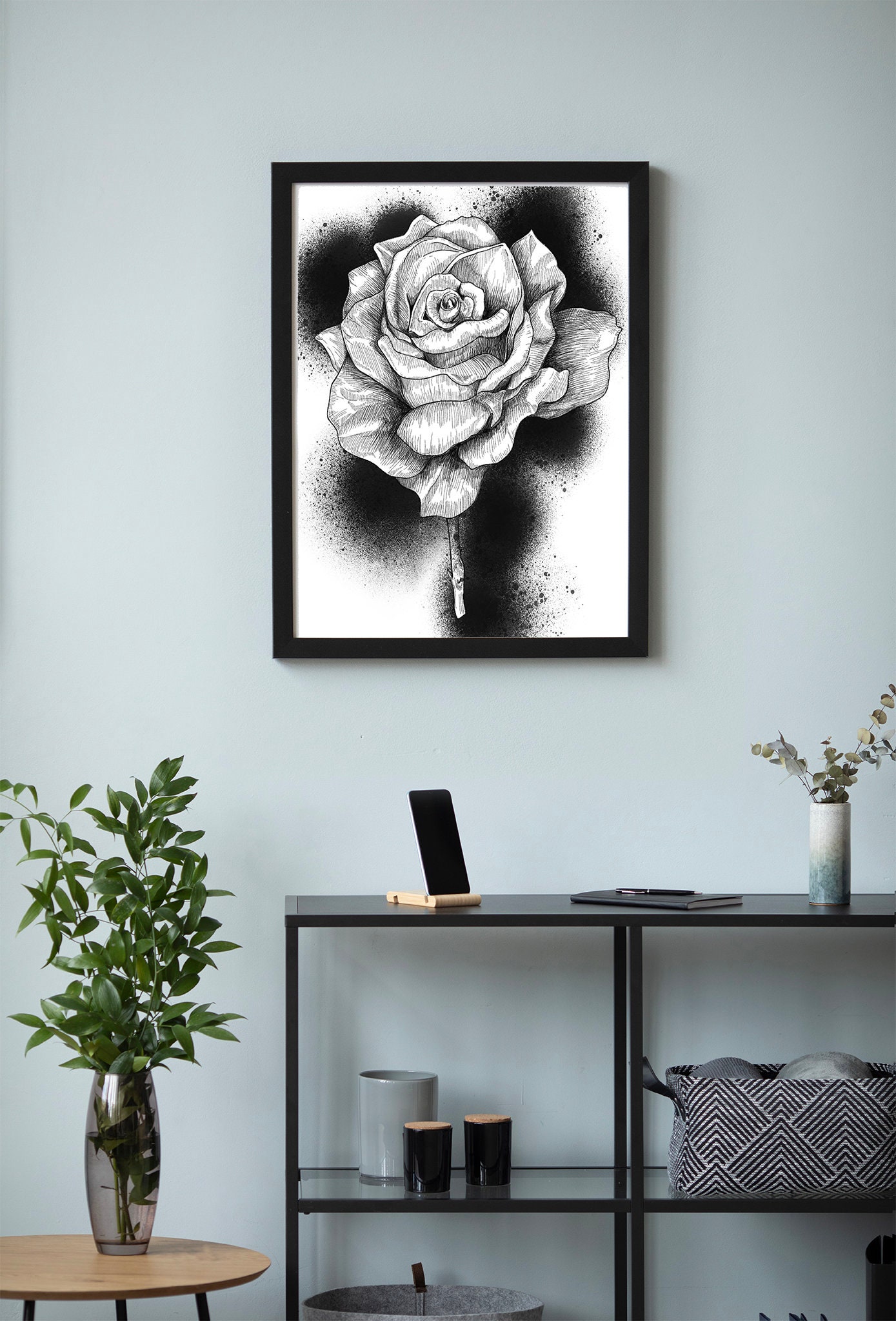 Digital Download Black Rose Drawing Printable Art, Hand Made Floral Art ...