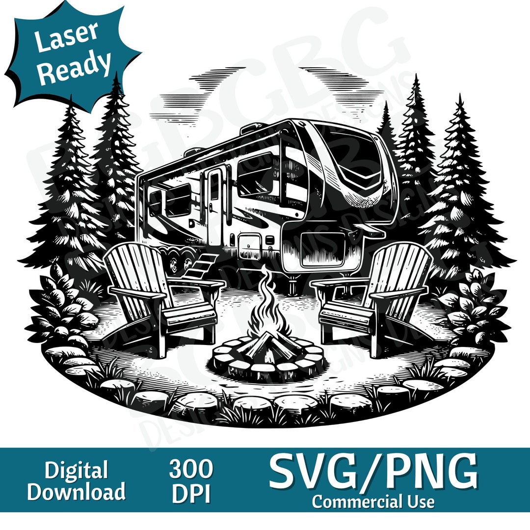5th Wheel RV at Camp Ground, Camper SVG PNG, Vector Graphic, Laser ...
