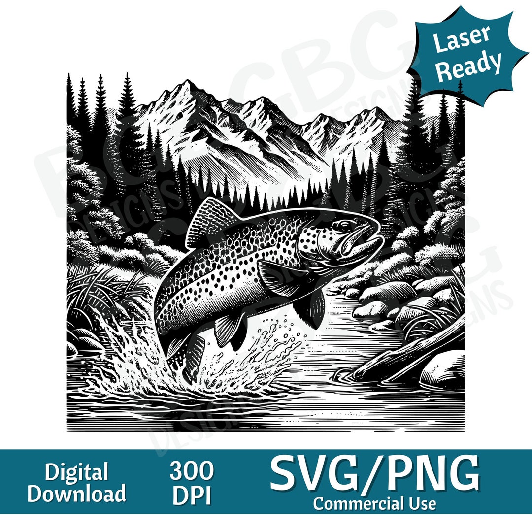 Jumping Trout in Mountain Stream SVG PNG, Vector Graphic, Laser ...