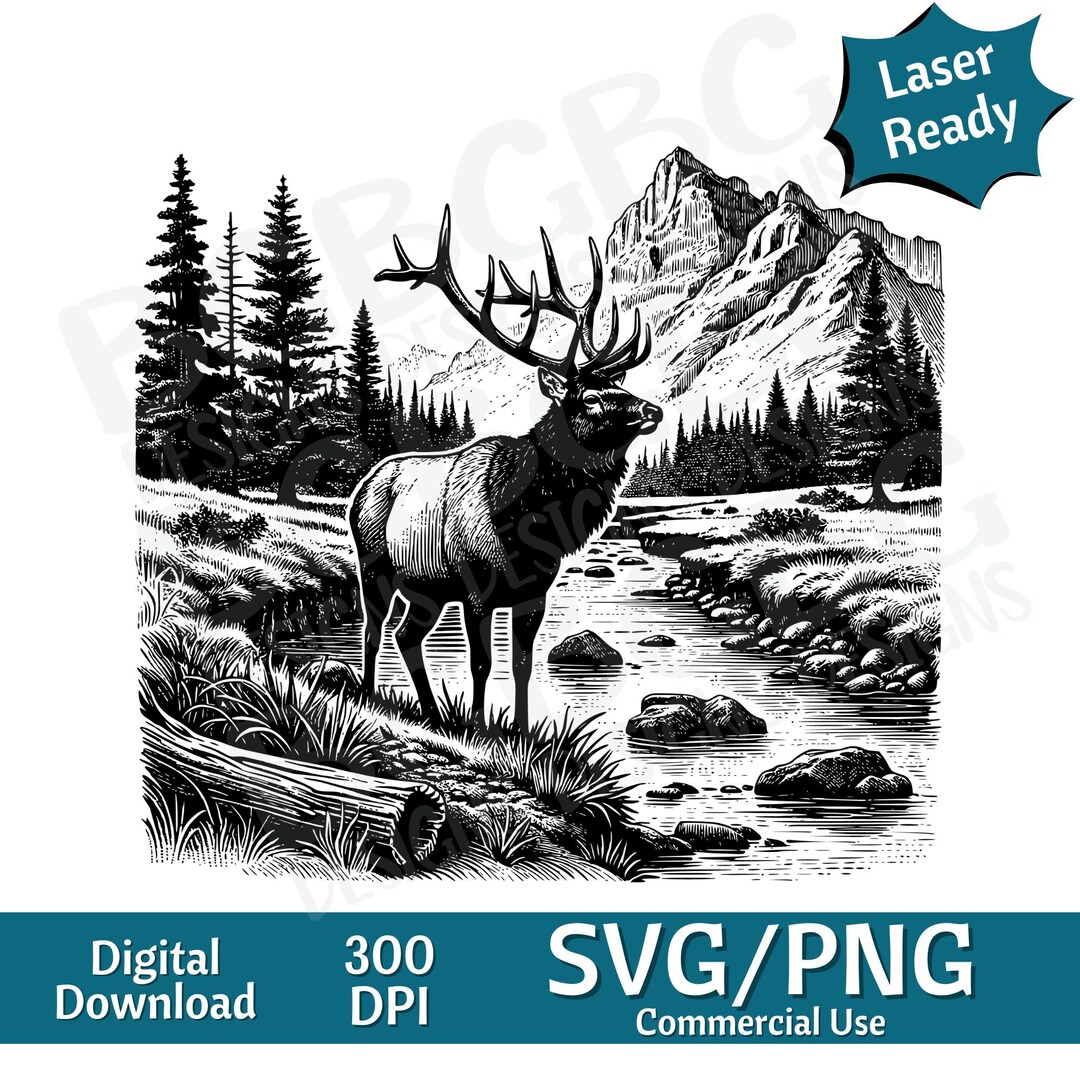 Elk Beside Mountain Stream SVG PNG, Vector Graphic, Laser Engraver, Cnc, Clip Art, Laser Ready ...
