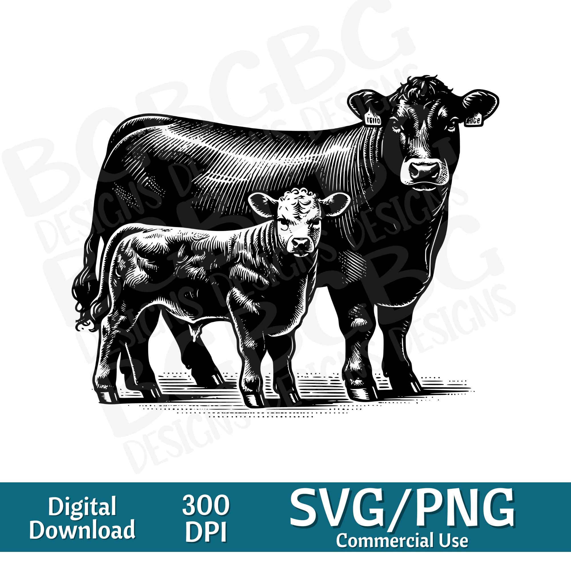 Black Angus Cow Calf Pair SVG, Animal Clipart, Cute Animal, Farm, Vector Graphic, Laser Engraver ...