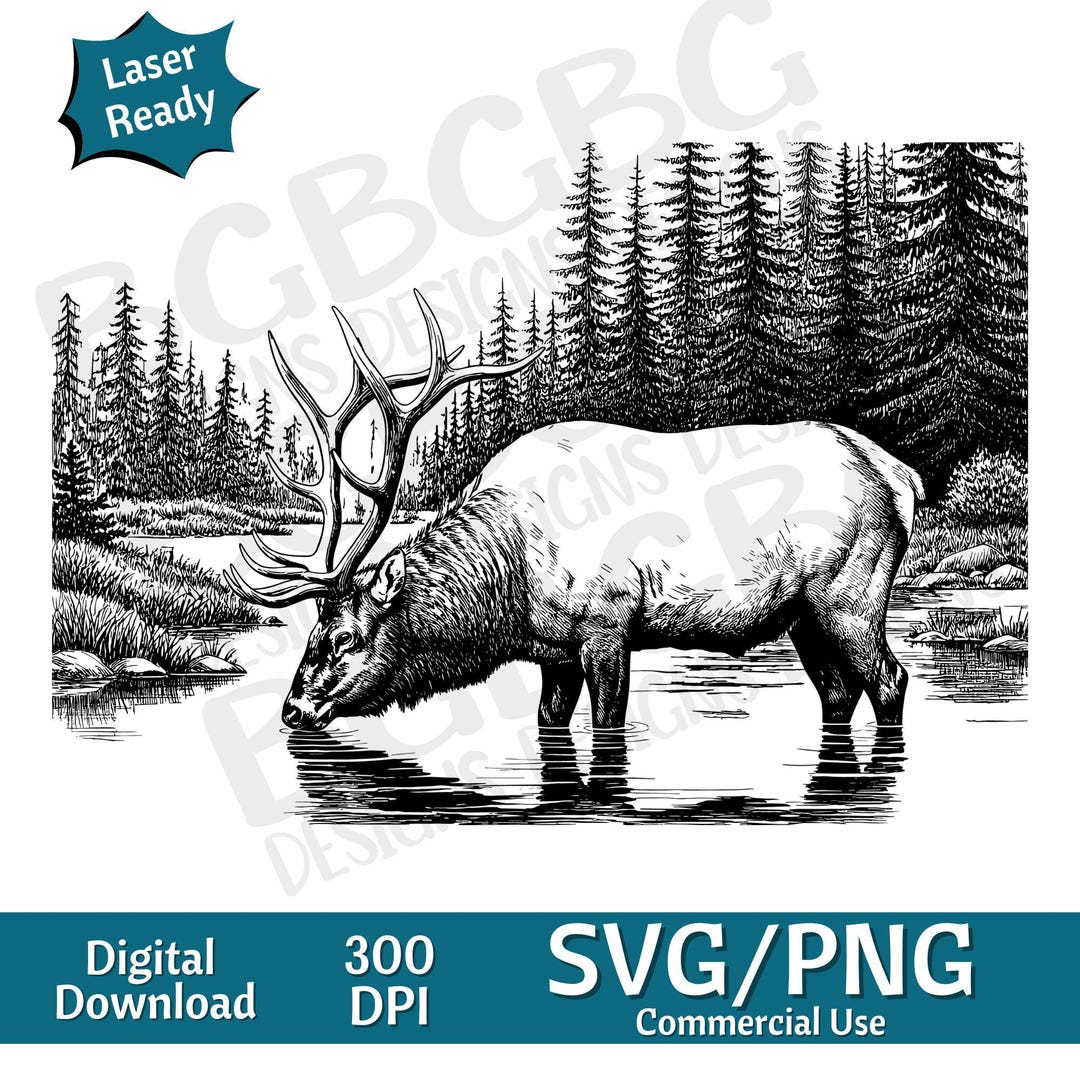 Elk Drinking From Stream SVG PNG, Vector Graphic, Laser Engraver, Cnc ...