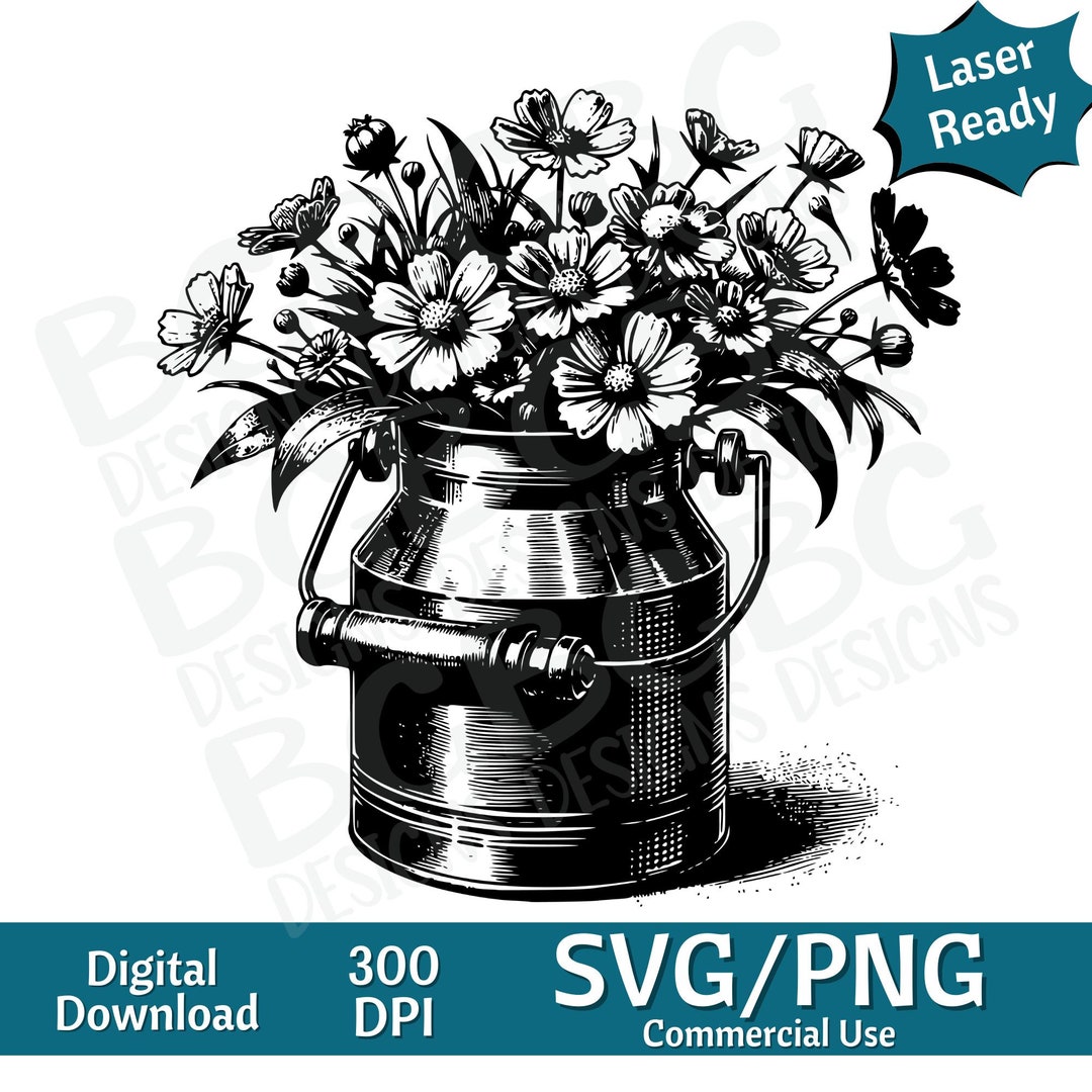 Milk Can With Flowers SVG PNG, Vector Graphic, Laser Engraver, Cnc ...