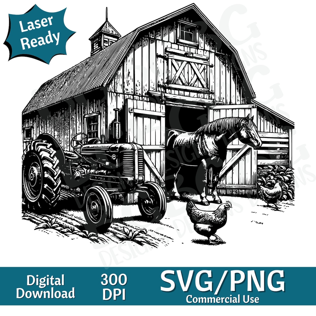 Old Barn and Tractor Farm Scene SVG PNG, Vector Graphic, Laser Engraver, Cnc, Clip Art, Laser ...