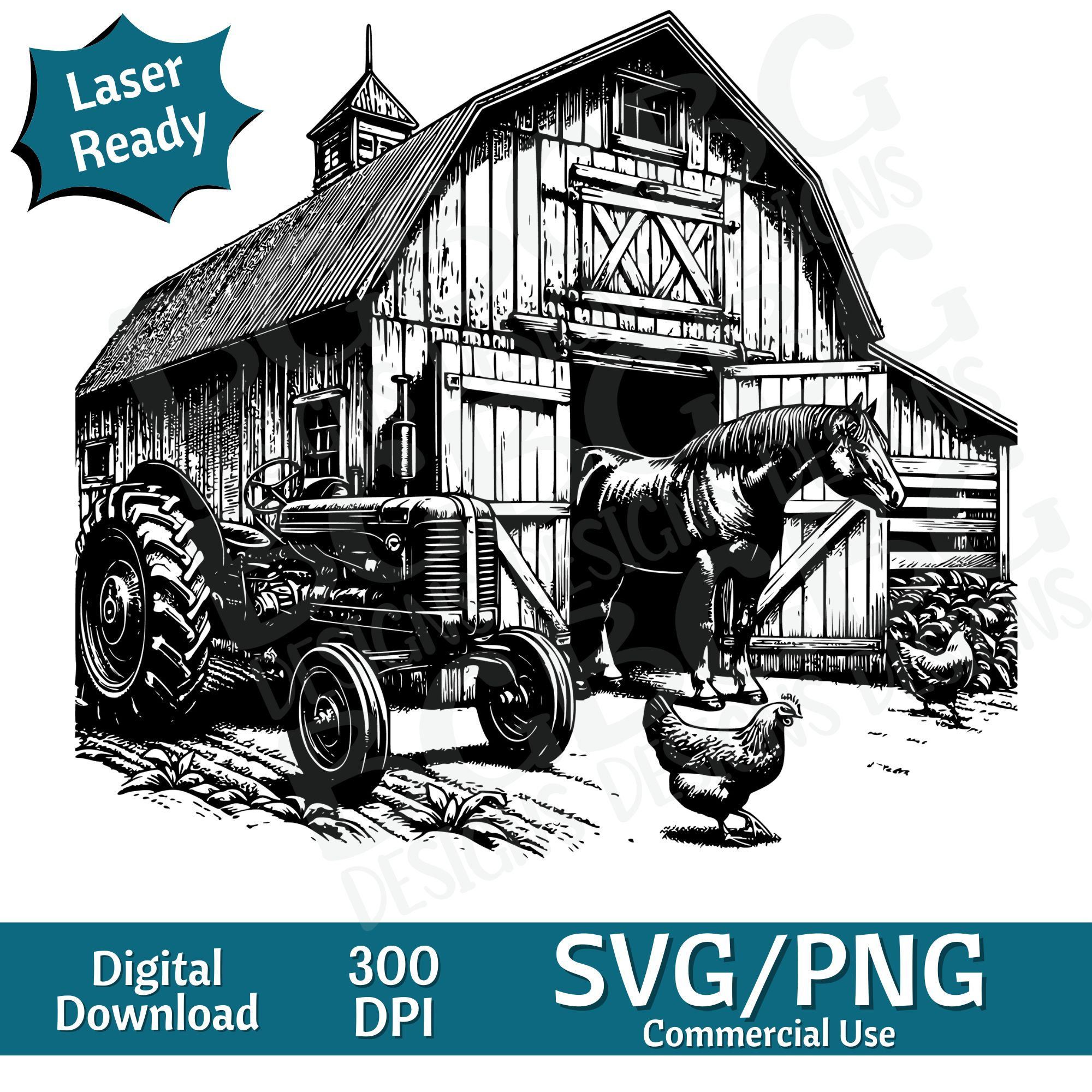 Old Barn and Tractor Farm Scene SVG PNG, Vector Graphic, Laser Engraver ...