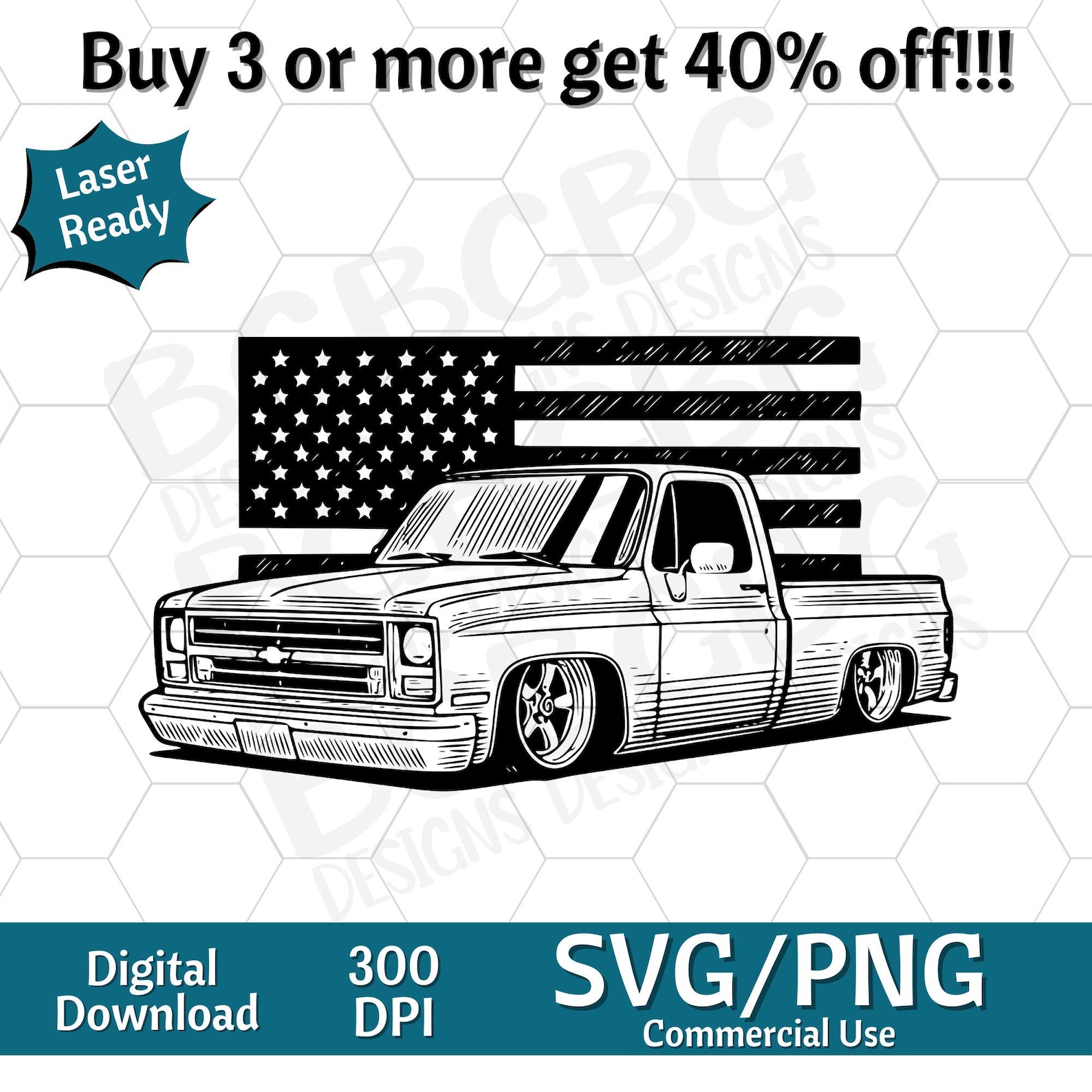 Lowered Truck With Flag SVG PNG, Classic Car, Vector Graphic, Laser ...