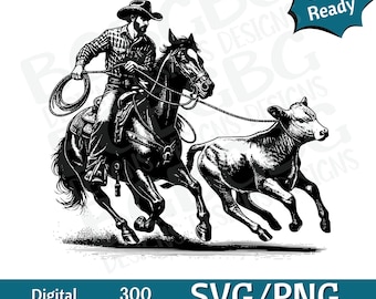 Calf Roping SVG PNG, Rodeo, Horse Riding PNG, Vector Graphic, Cut Print ...