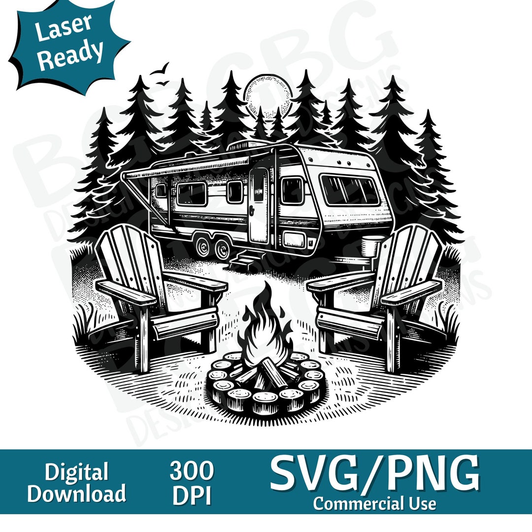 RV and Camp Ground, Camper, Campfire SVG PNG, Vector Graphic, Laser ...
