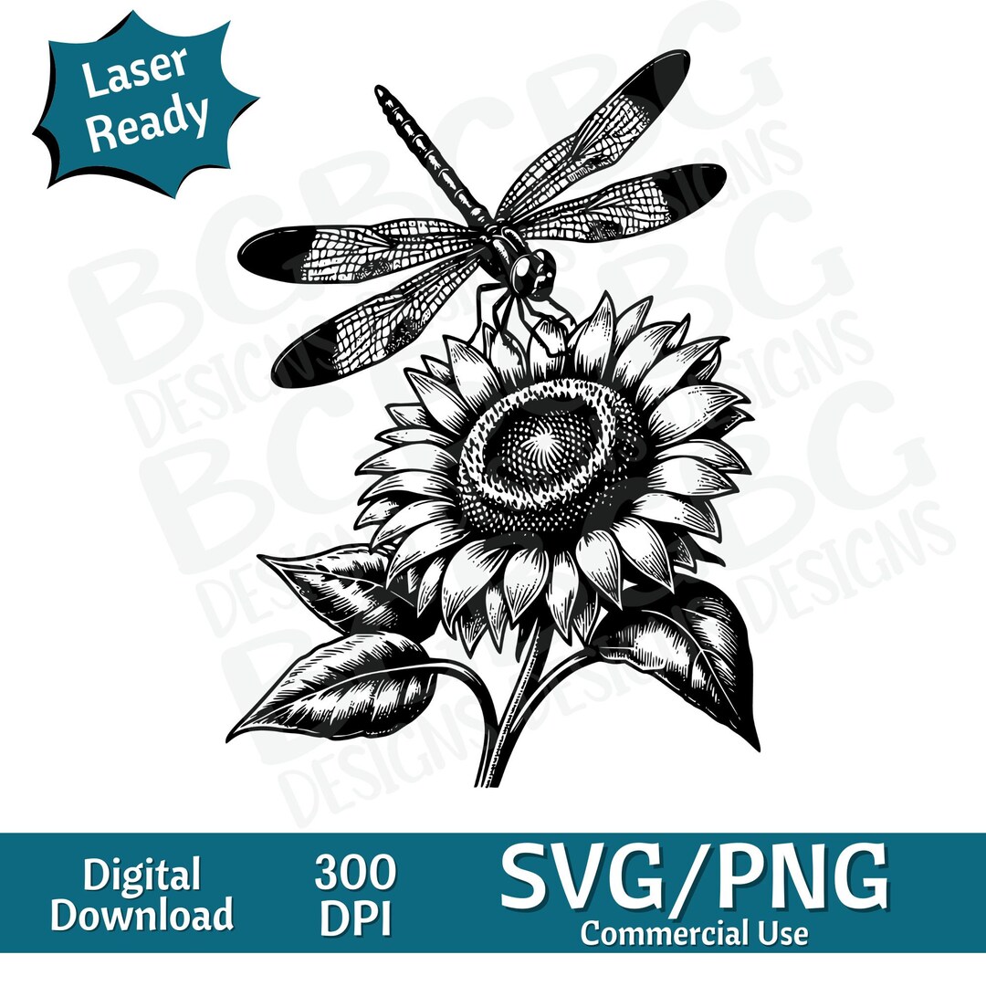 Dragonfly and Sunflower SVG PNG, Vector Graphic, Laser Engraver, Cnc ...