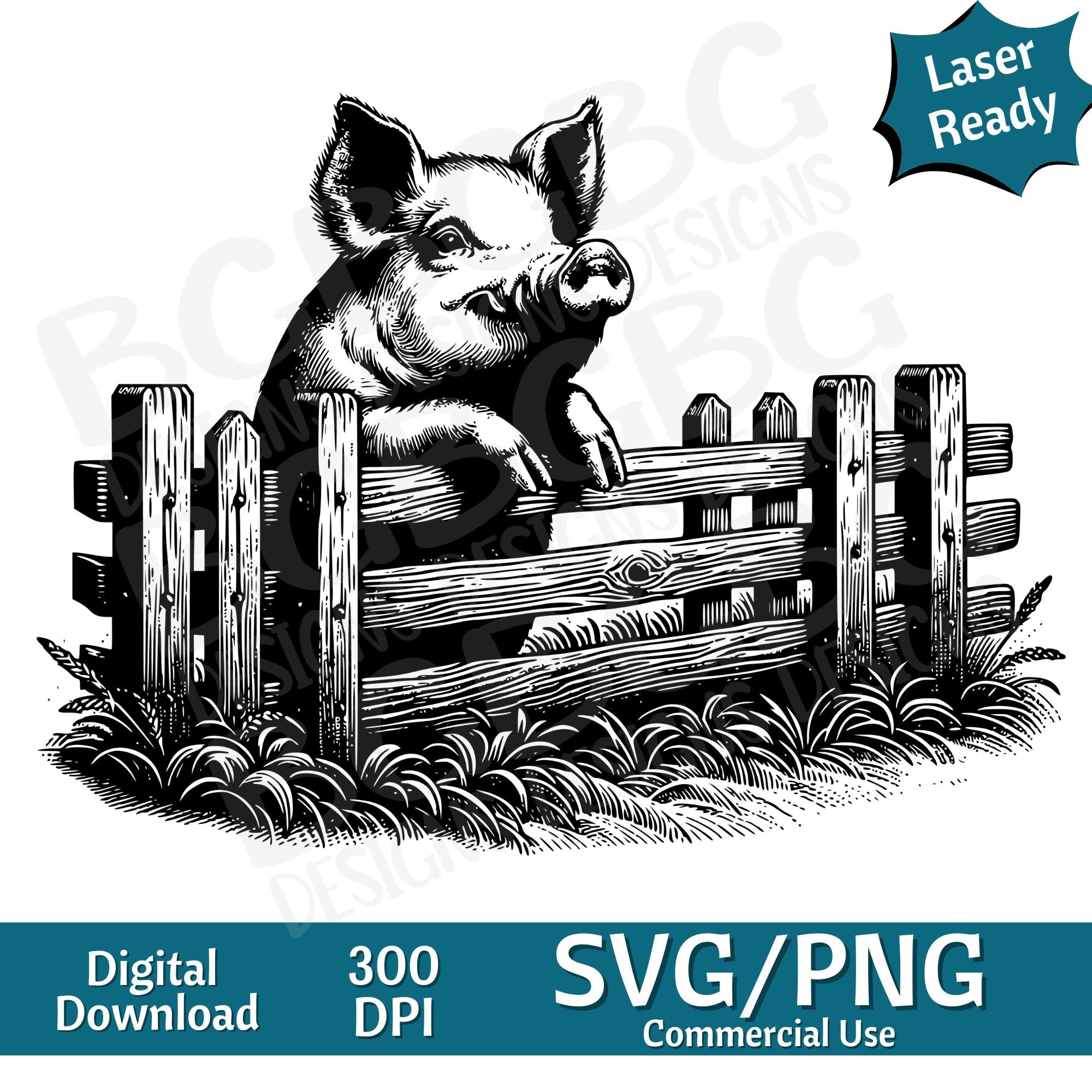 Pig at Fence SVG PNG, Farm Life, County, Vector Graphic, Laser Engraver ...