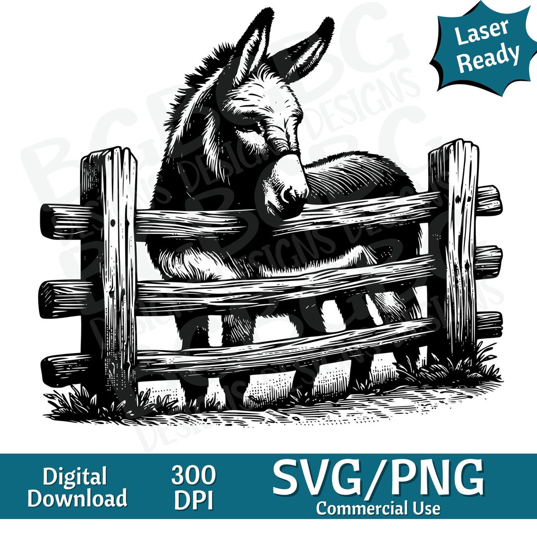 Donkey at Fence SVG PNG, Farm Life, County, Vector Graphic, Laser ...