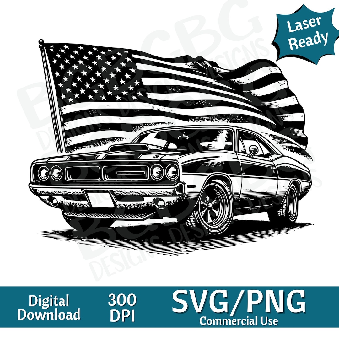 Muscle Car With Flag SVG PNG, Classic Car, Vector Graphic, Laser ...