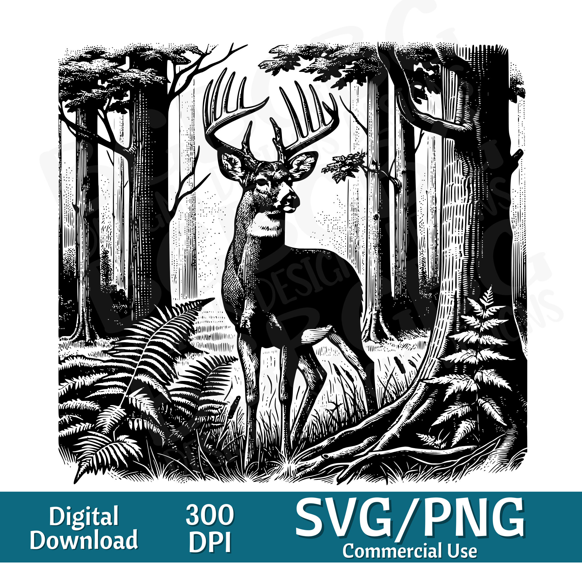 Buck in Woods, Buck Clipart, Whitetail Svg, Hunting Svg, Deer Clipart ...