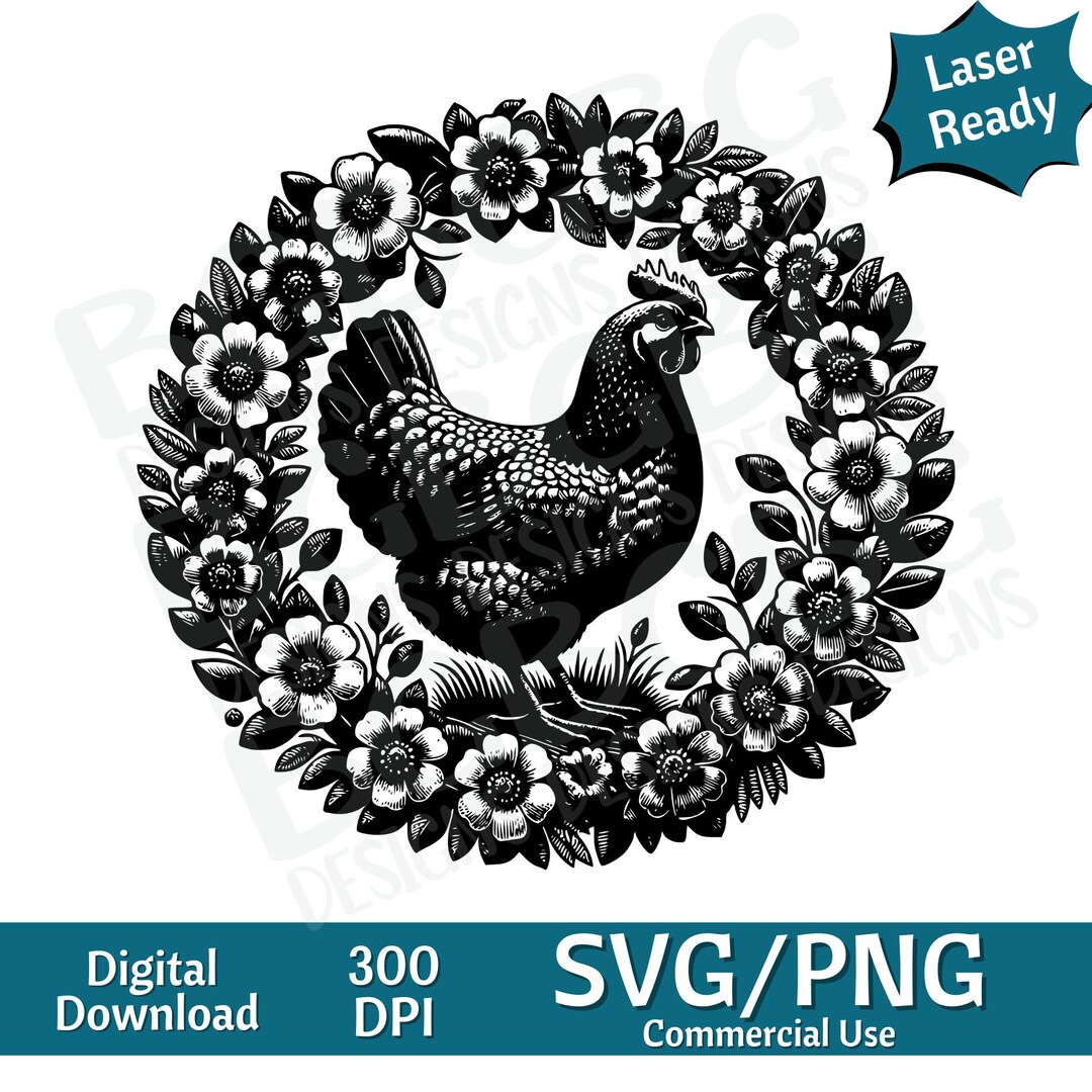 Chicken Floral Wreath, Spring Flowers, SVG PNG, Chicken, Farm, Vector ...