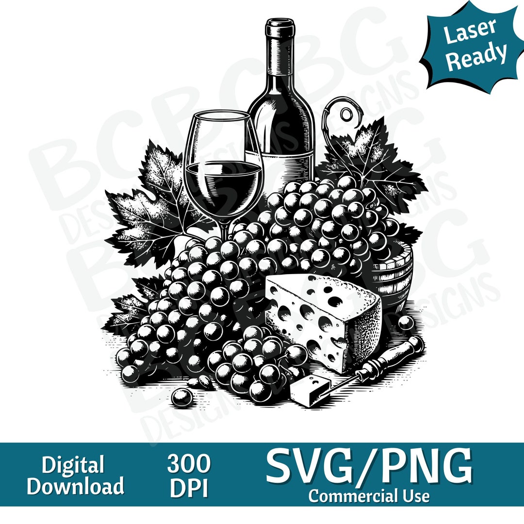 Wine and Cheese SVG PNG, Vector Graphic, Laser Engraver, Cnc, Clip Art ...