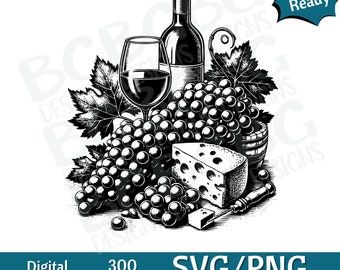 Wine and Cheese SVG PNG, Vector Graphic, Laser Engraver, Cnc, Clip Art, Laser Ready, Cutting ...