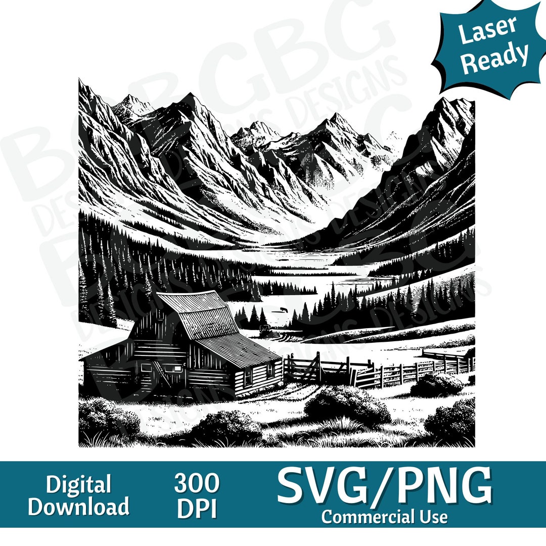 Old Barn in Mountain Valley SVG PNG, Vector Graphic, Laser Engraver ...