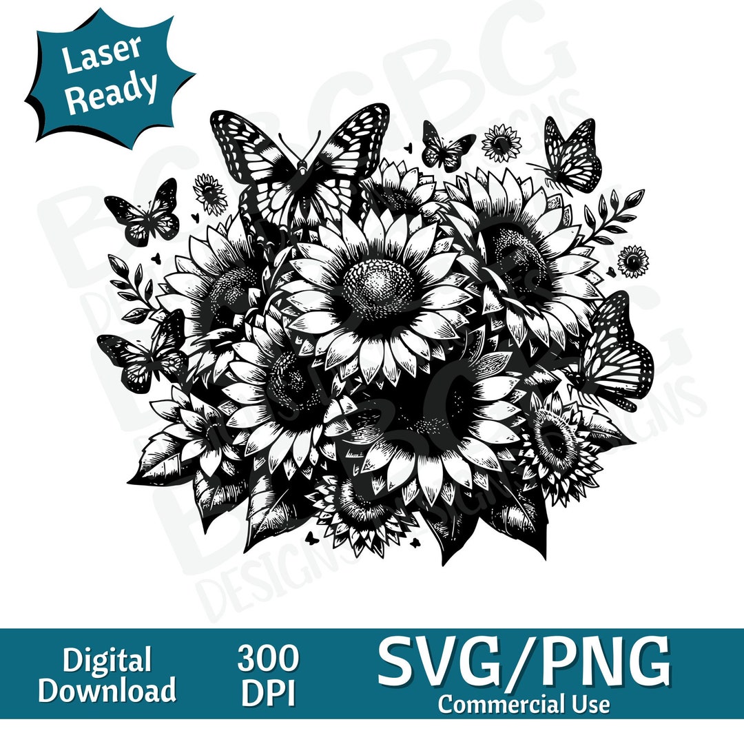 Butterflies and Sunflower Spring Time SVG PNG, Vector Graphic, Laser ...