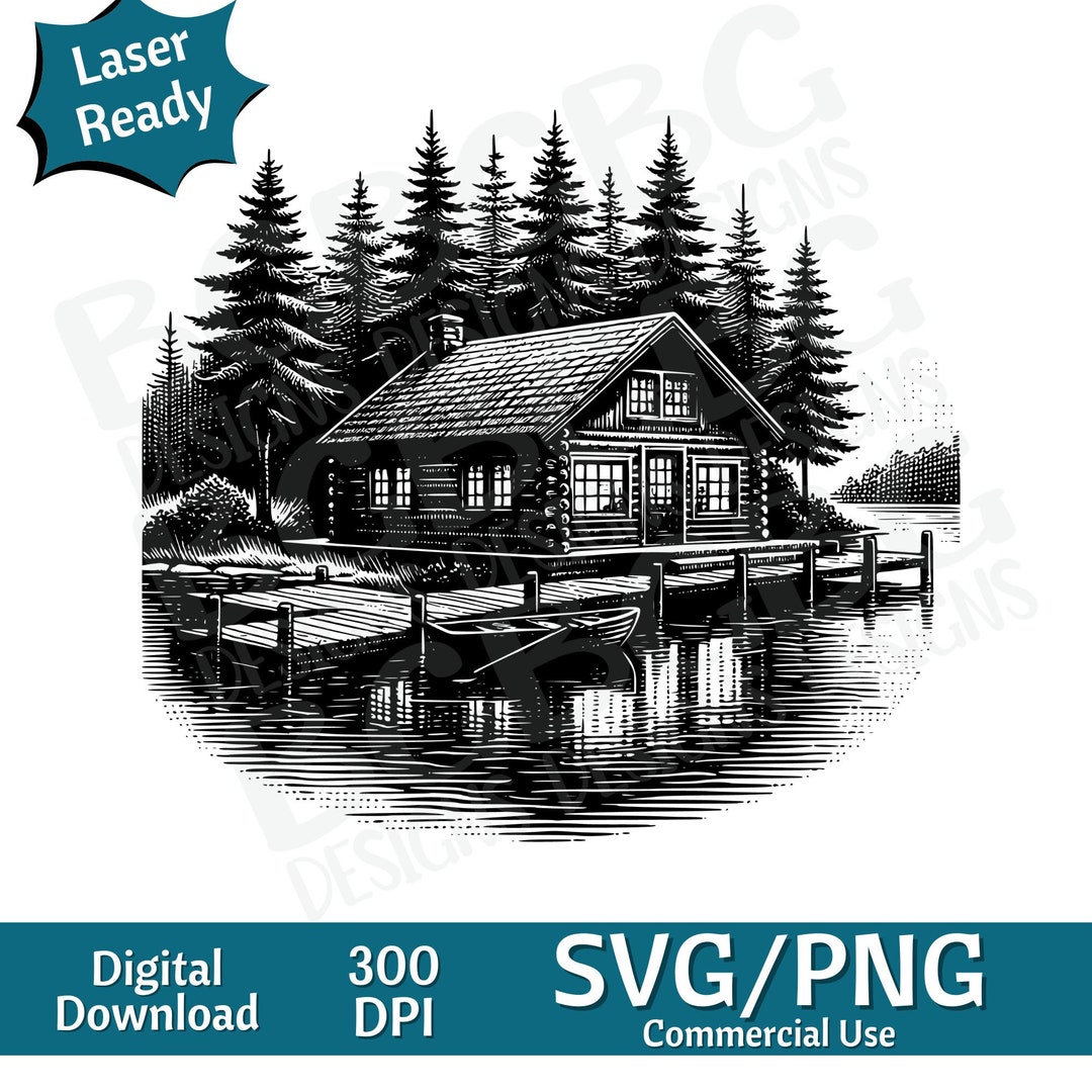 Cabin by Lake SVG PNG, Vector Graphic, Laser Engraver, Cnc, Clip Art ...