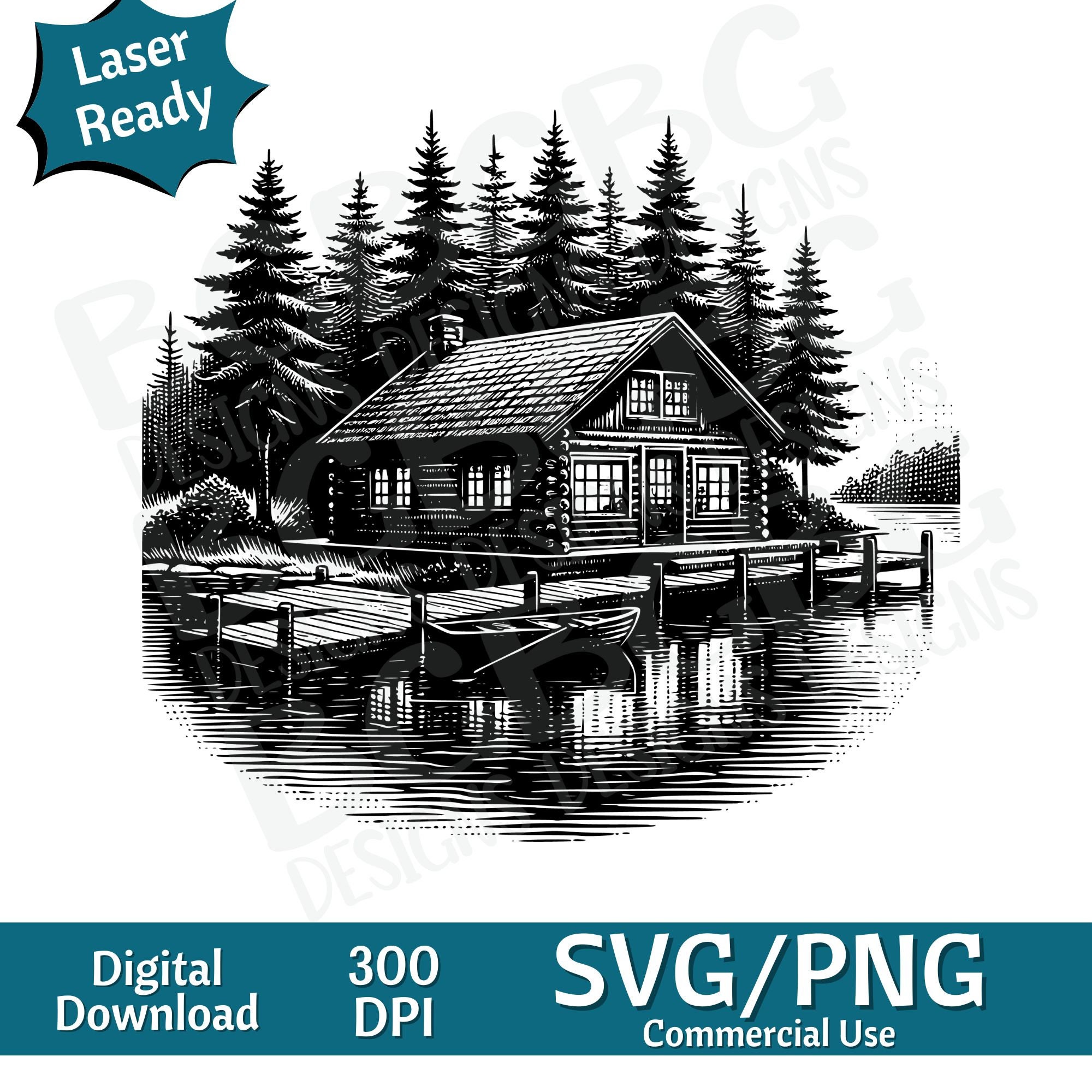 Cabin by Lake SVG PNG, Vector Graphic, Laser Engraver, Cnc, Clip Art ...