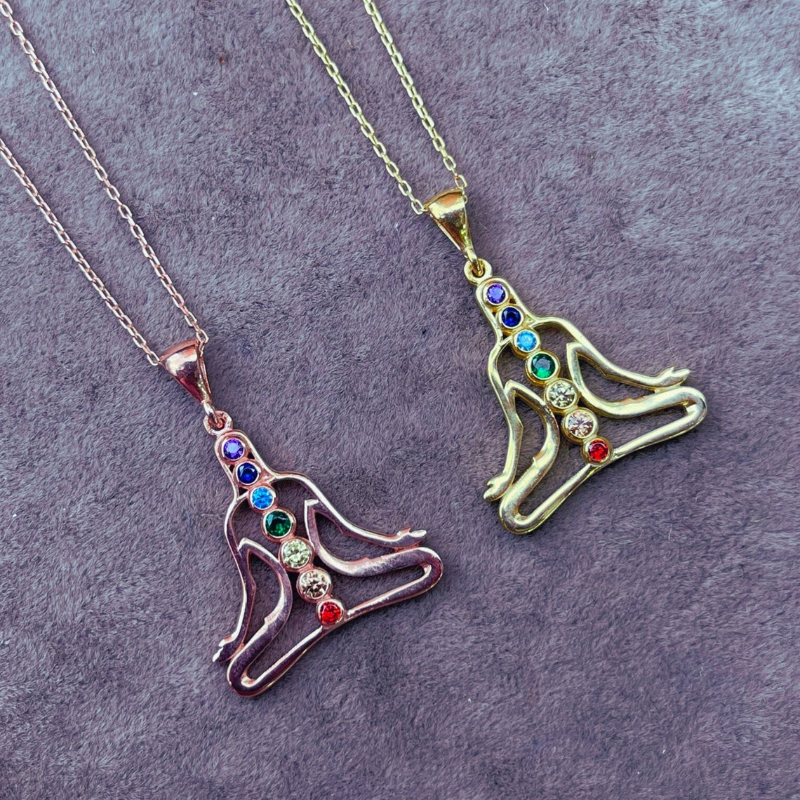 925 Sterling Silver, 14K Gold Plated 7 Chakra Necklace, Zircon Stone ...