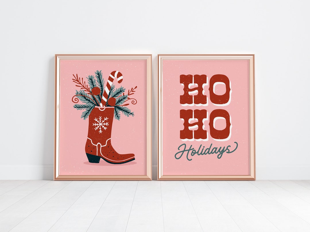 Retro Western Christmas Wall Decor Pink Colorful PRINTED - Etsy