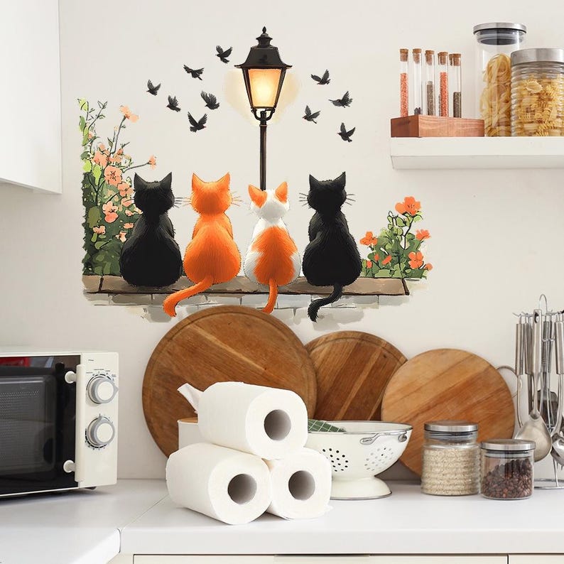 Cute Cat Wall Decal - 3D Vinyl Sticker, Cats Under Street Lamp, Animal ...